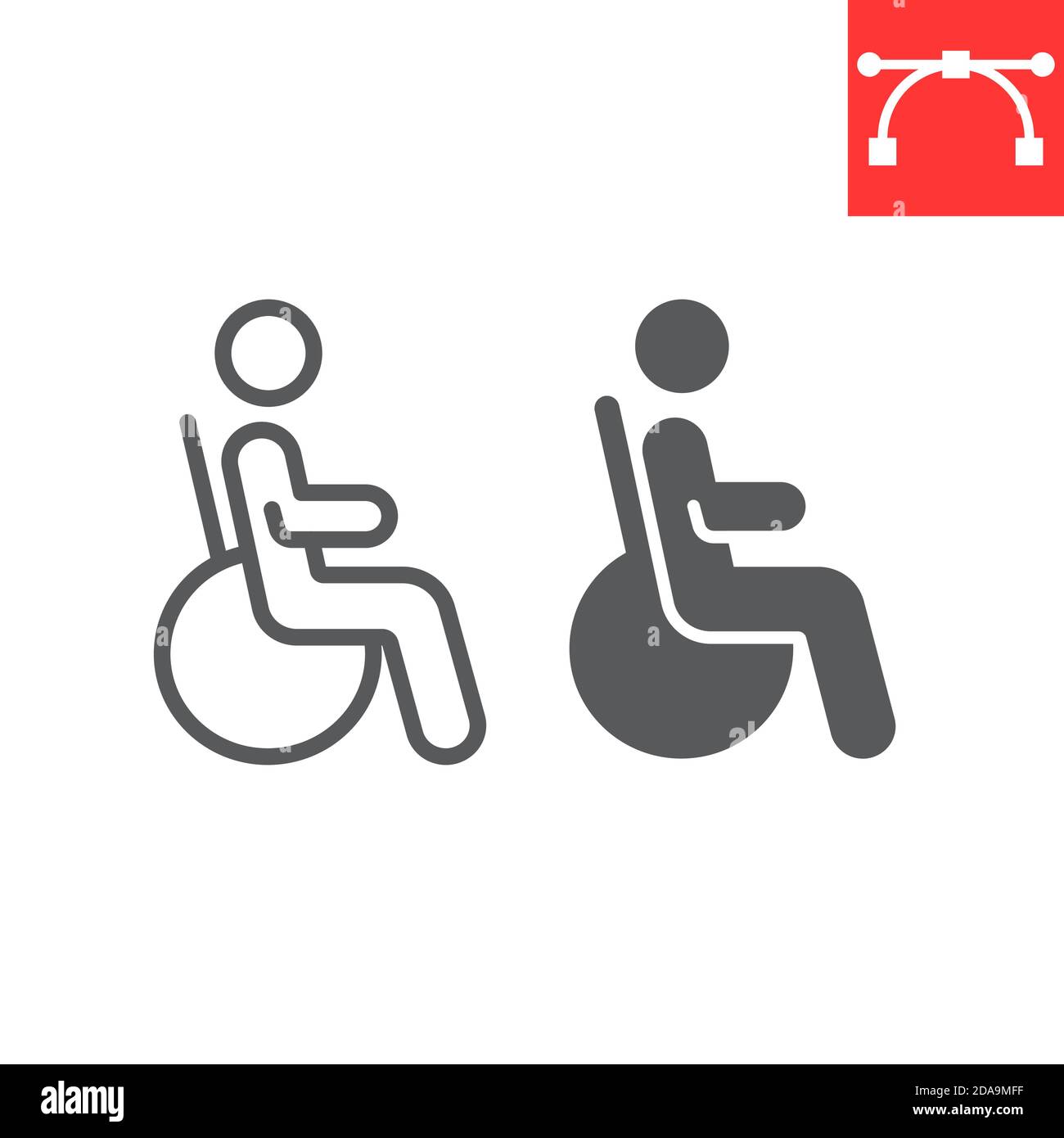 Disabled person line and glyph icon, disability and pensioner ...