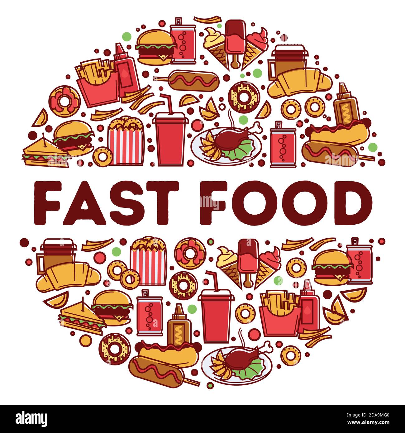 Fast food and beverages in circle, snacks drinks Stock Vector Image ...