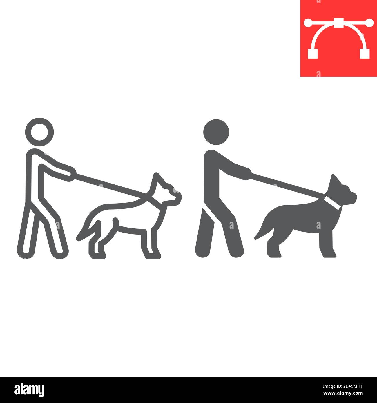 Blind man with guide dog line and glyph icon, disability and pet, blind ...