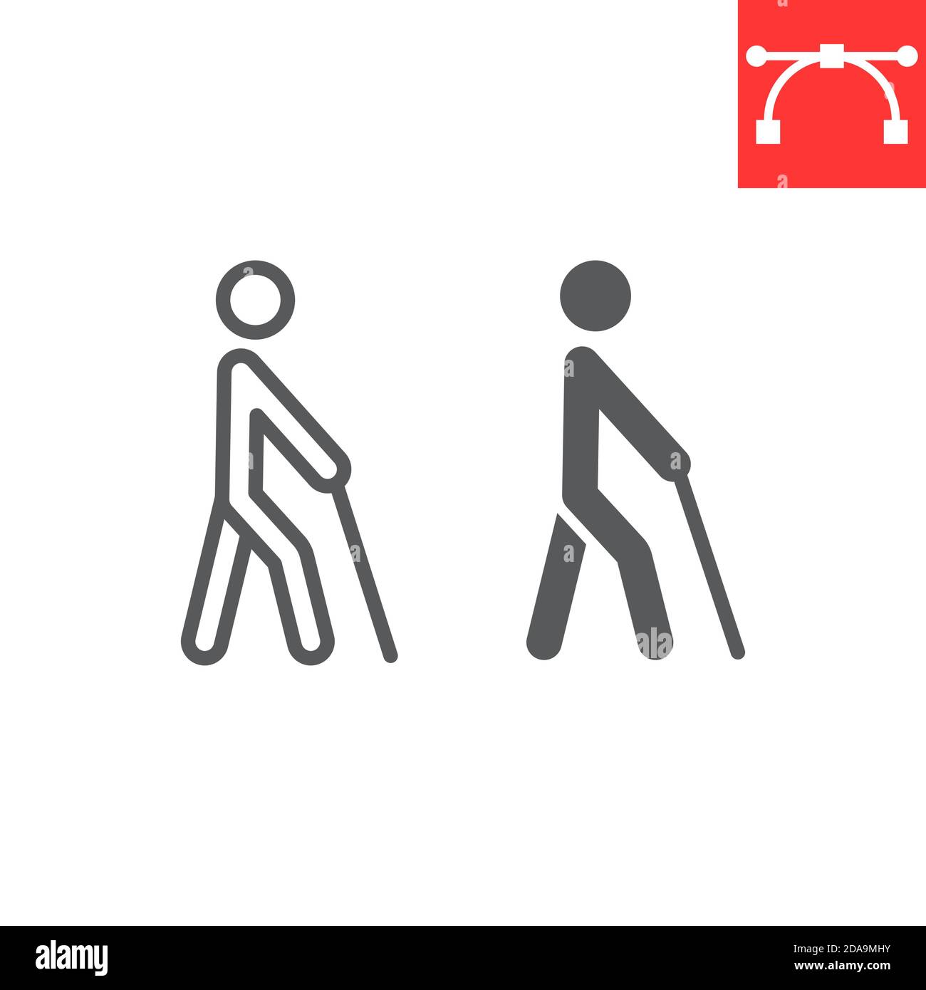 Blind man with walking stick line and glyph icon, disability and ...