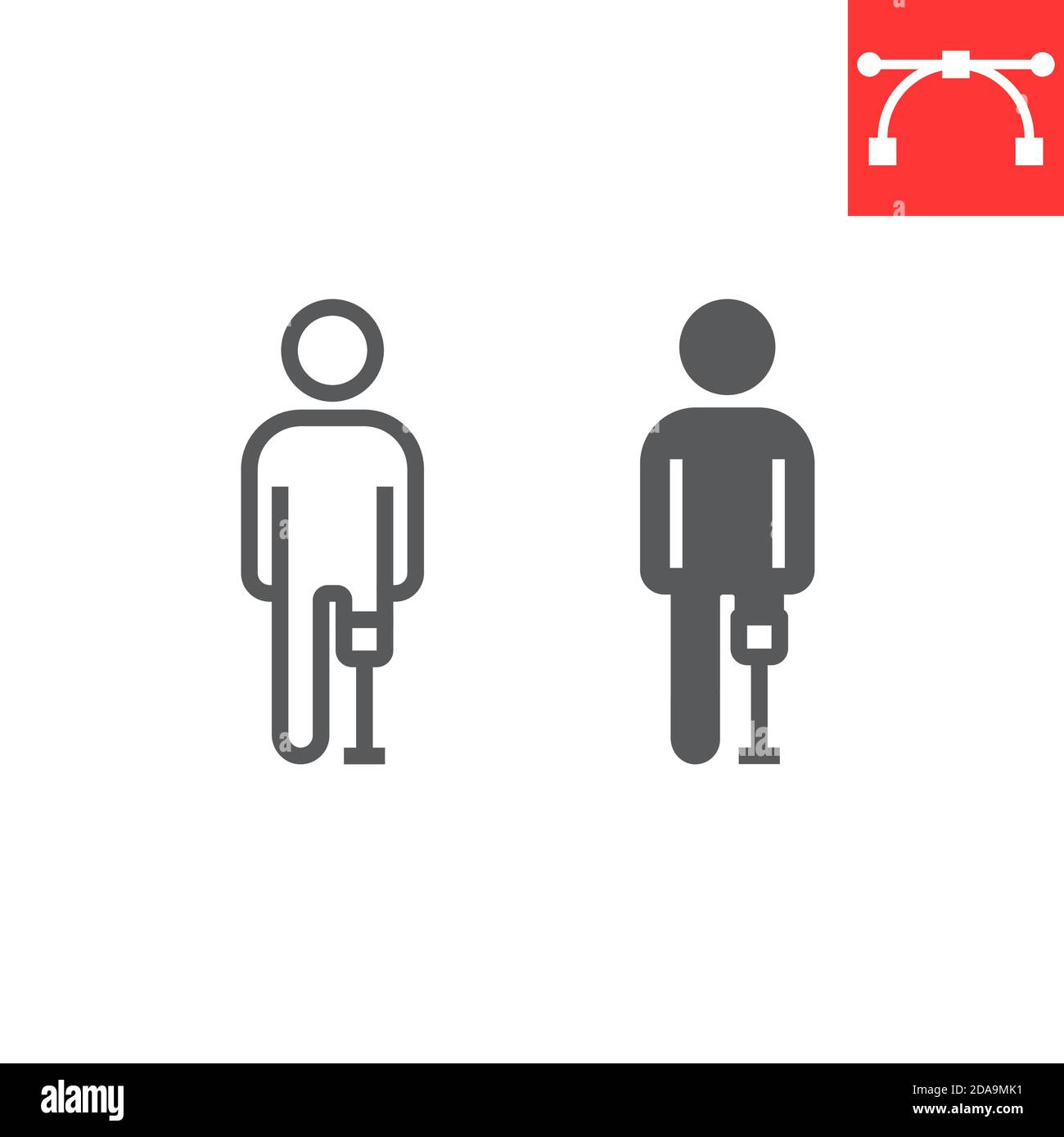 Man with leg prosthesis line and glyph icon, disability and artifical ...
