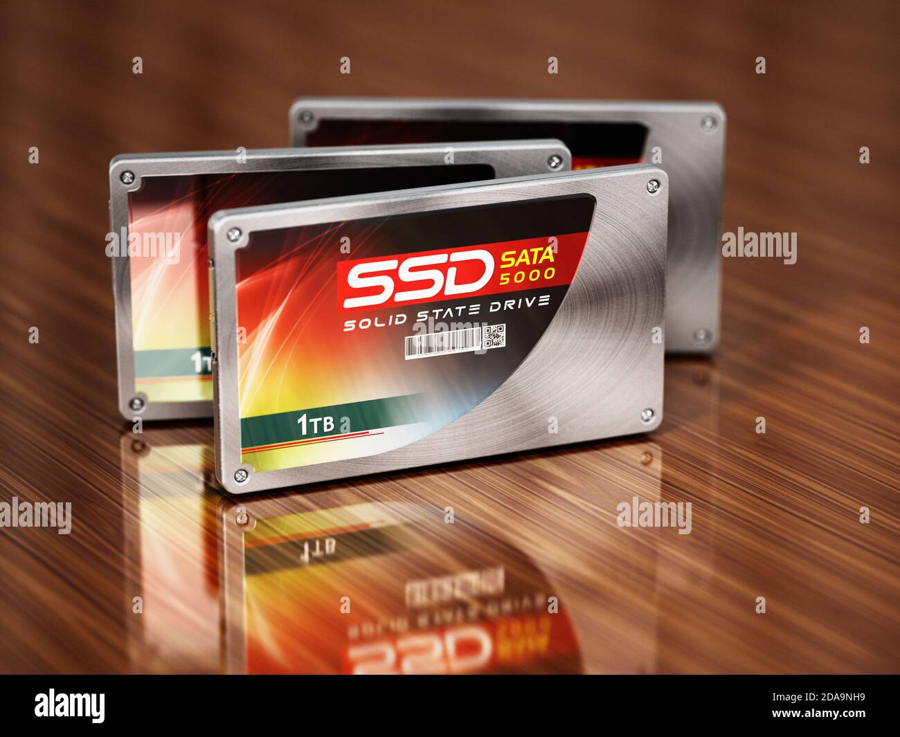 Generic SSDs standing on wooden table. 3D illustration Stock Photo - Alamy