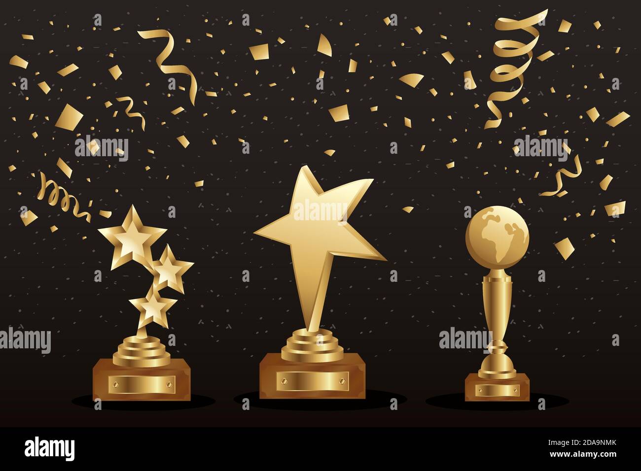 winner three trophies golden with confetti vector illustration design ...