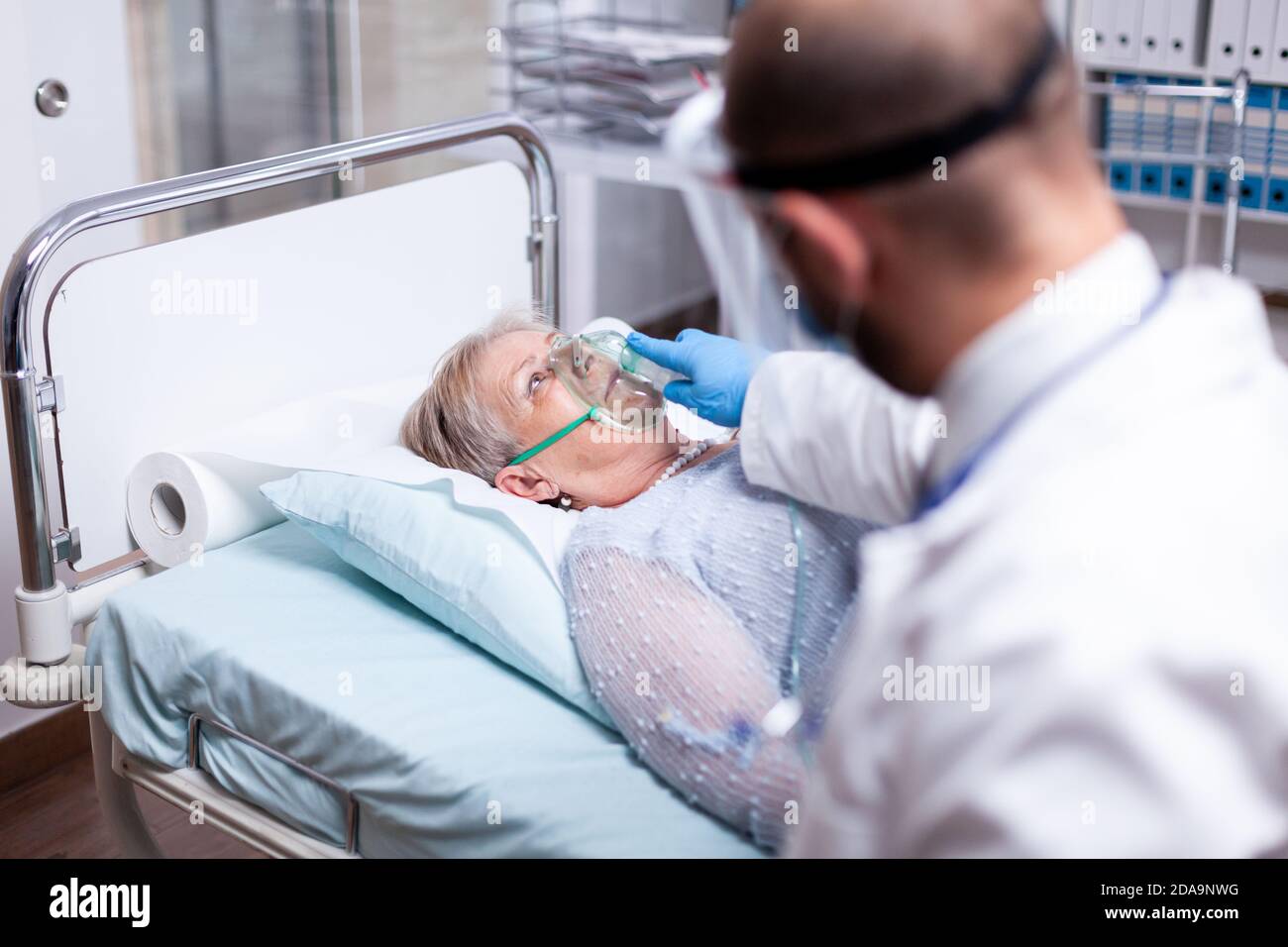 Patient breathing heavily without oxygen mask in emergency hospital ...