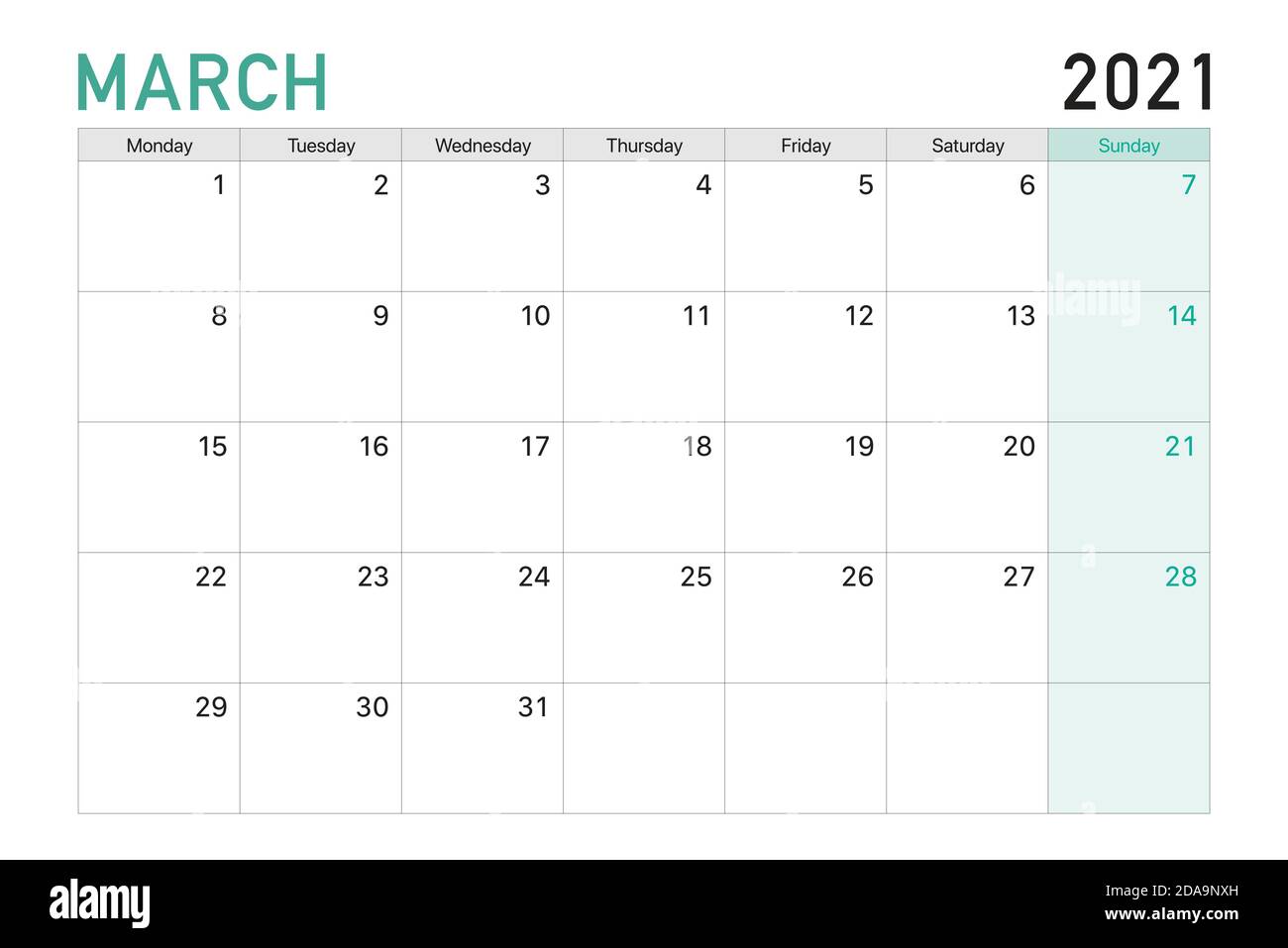 2021 March illustration vector desk calendar weeks start on Monday in ...