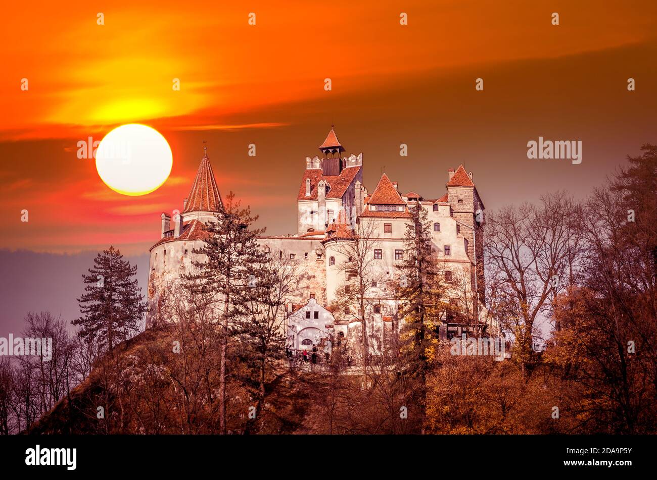 Spectacular sunset over Bran Castle, Transylvania, Romania. A medieval ...