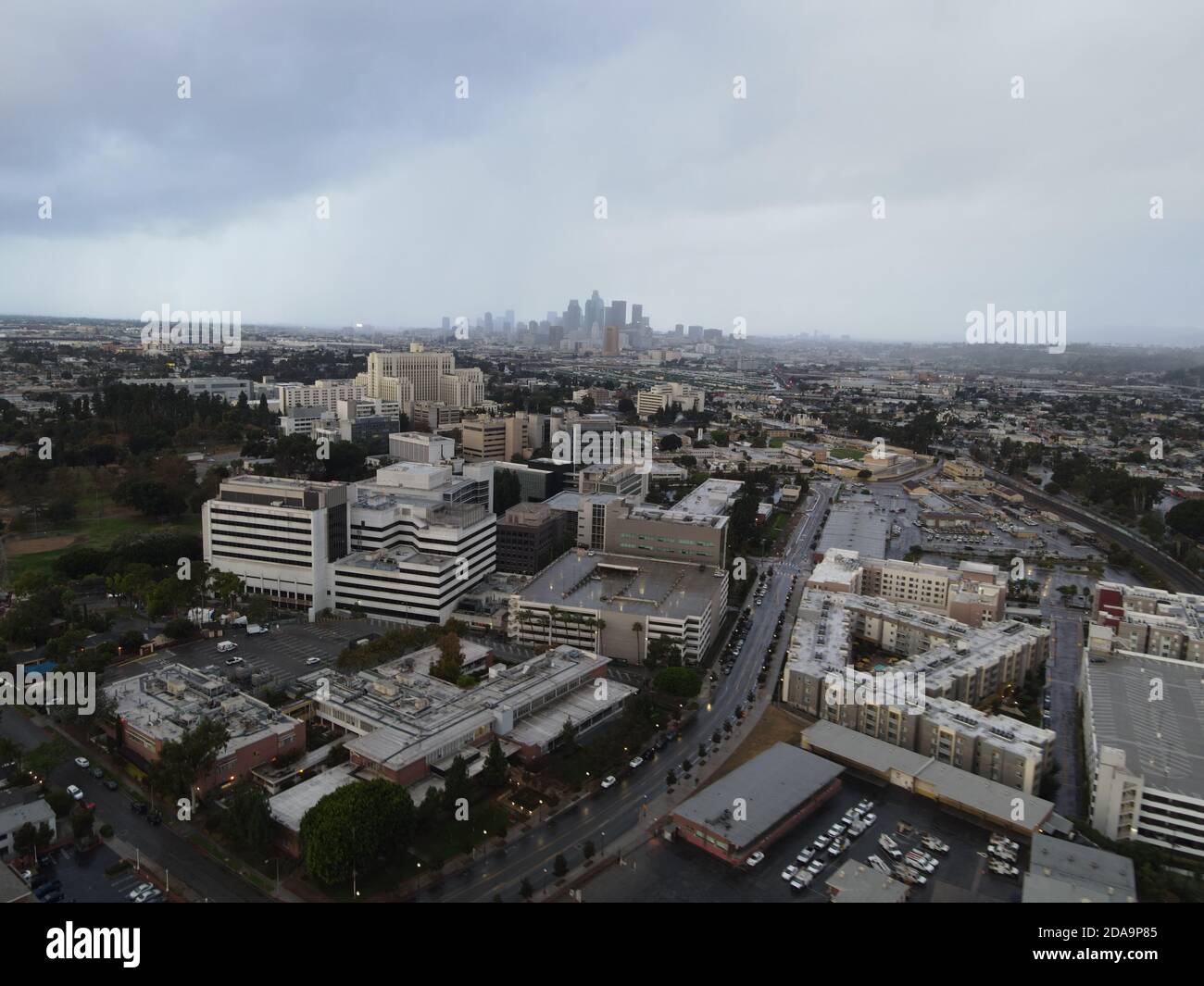 A general view of the USC Health Sciences Campus with downtown skyline ...
