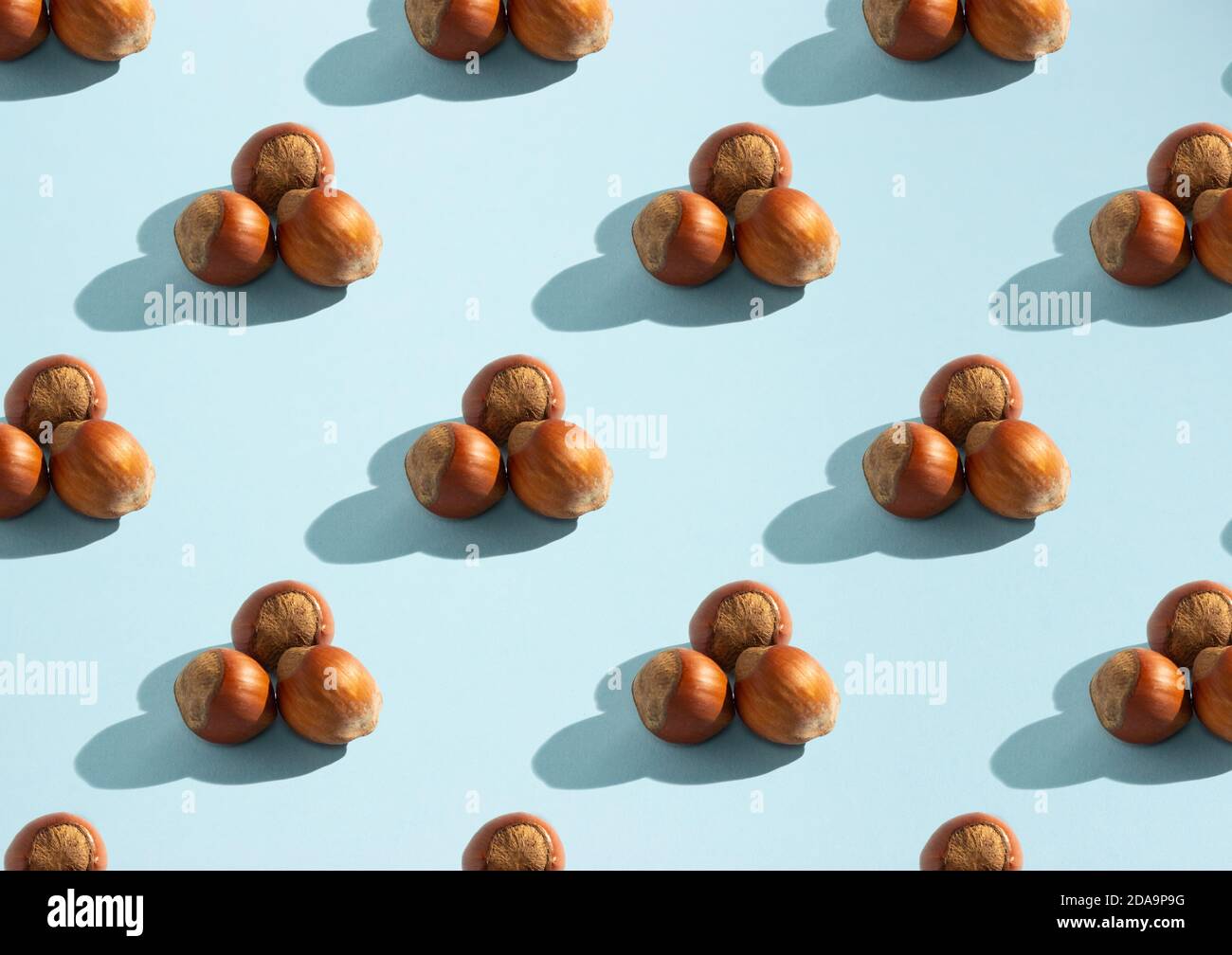 Whole hazelnuts with a shadow on a blue background, seamless pattern ...