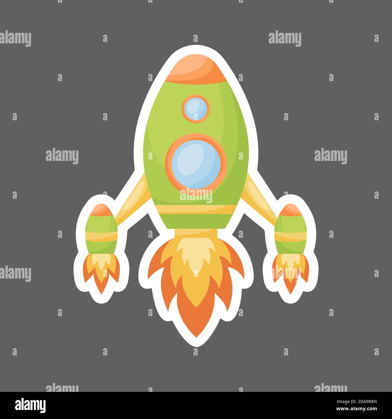 Cartoon green rocket with fire trace launched into space for design of ...