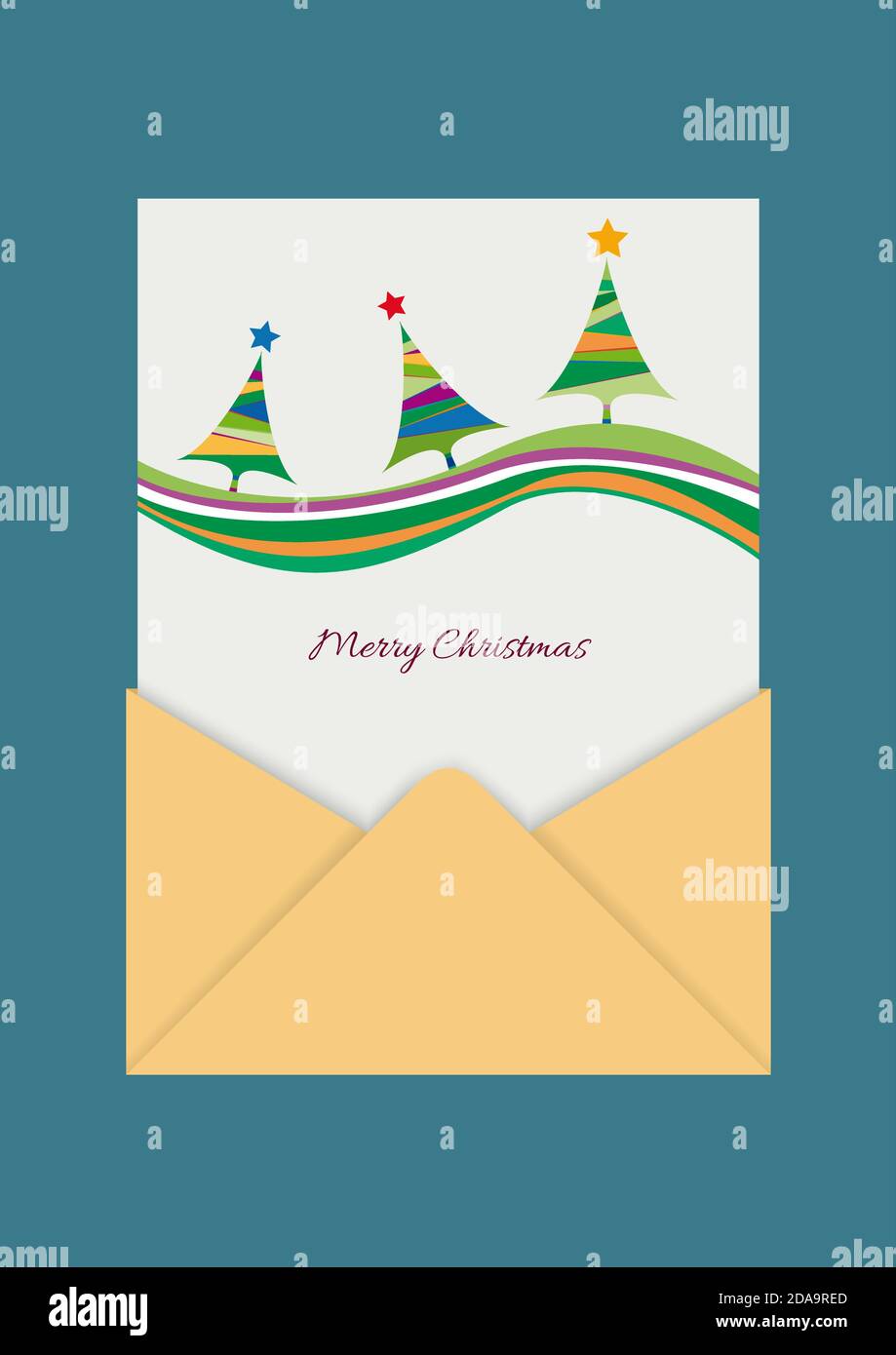 Printable Christmas card. Open envelope with paper sheet or invitation ...