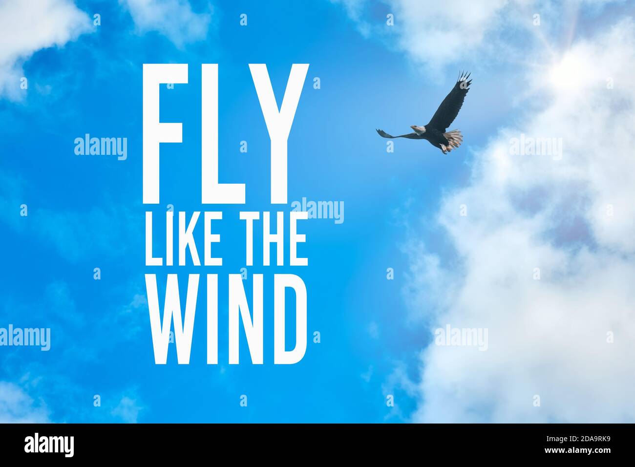 Fly like the wind phrase written against blue sky with clouds and a ...