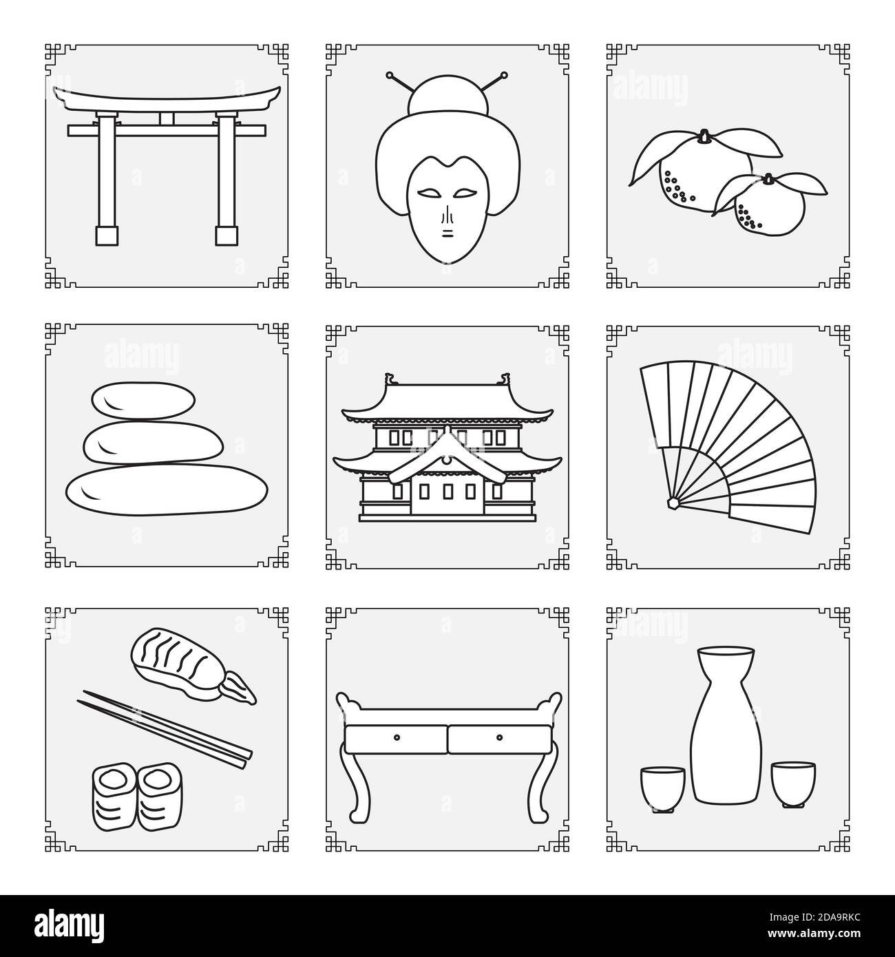 Symbols of Japanese culture Geisha face, sake set, torii ritual gates ...
