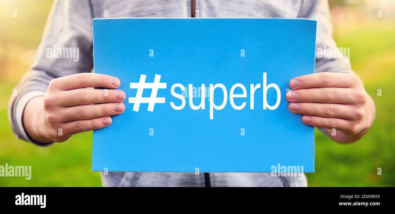 Male teenager holds a blue banner with the word superb against nature ...