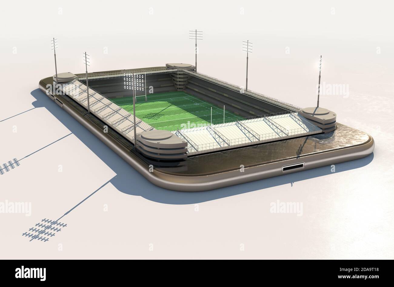 A digital to physical concept showing a smartphone with a floodlit ...