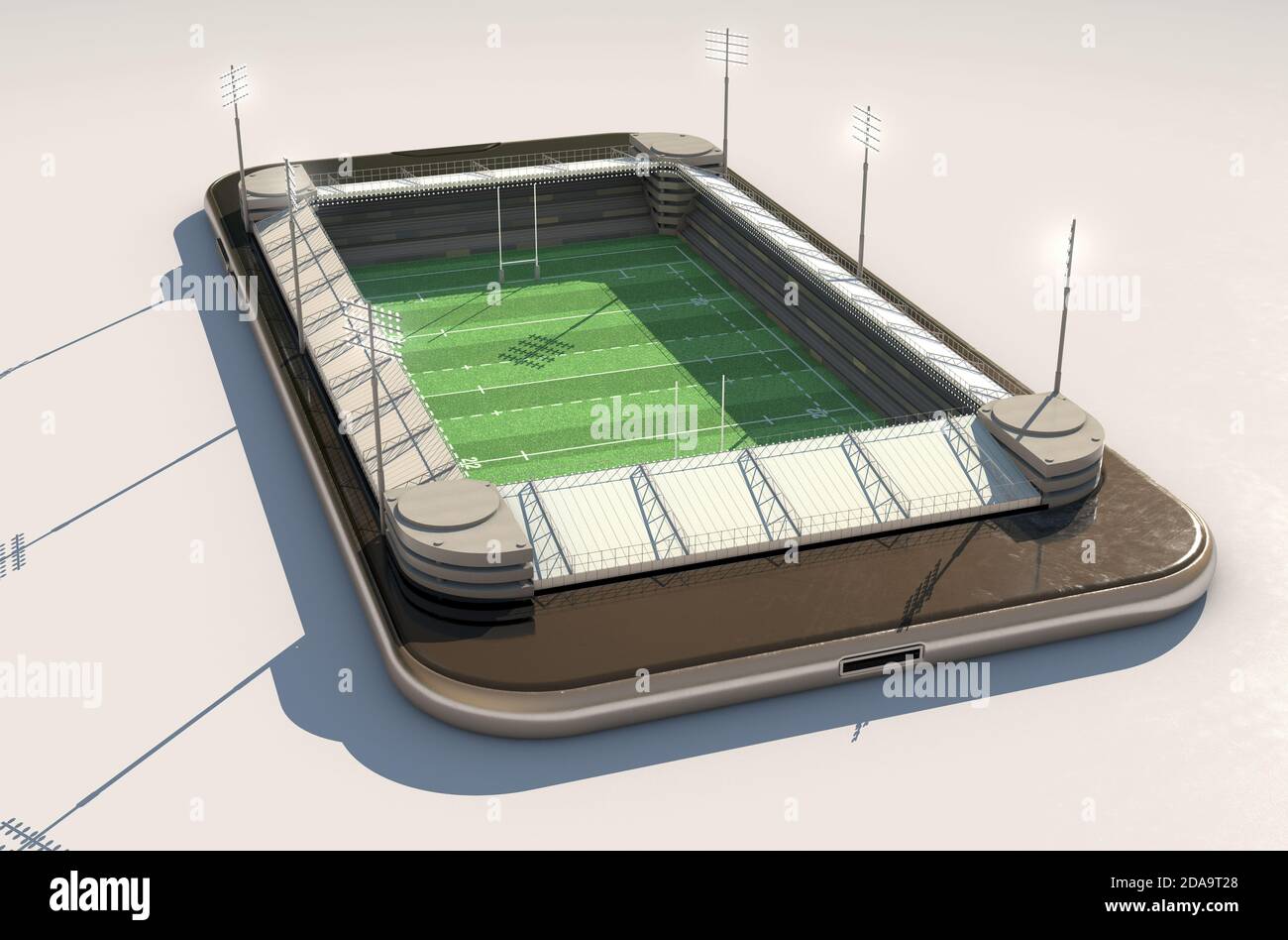 A digital to physical concept showing a smartphone with a floodlit ...