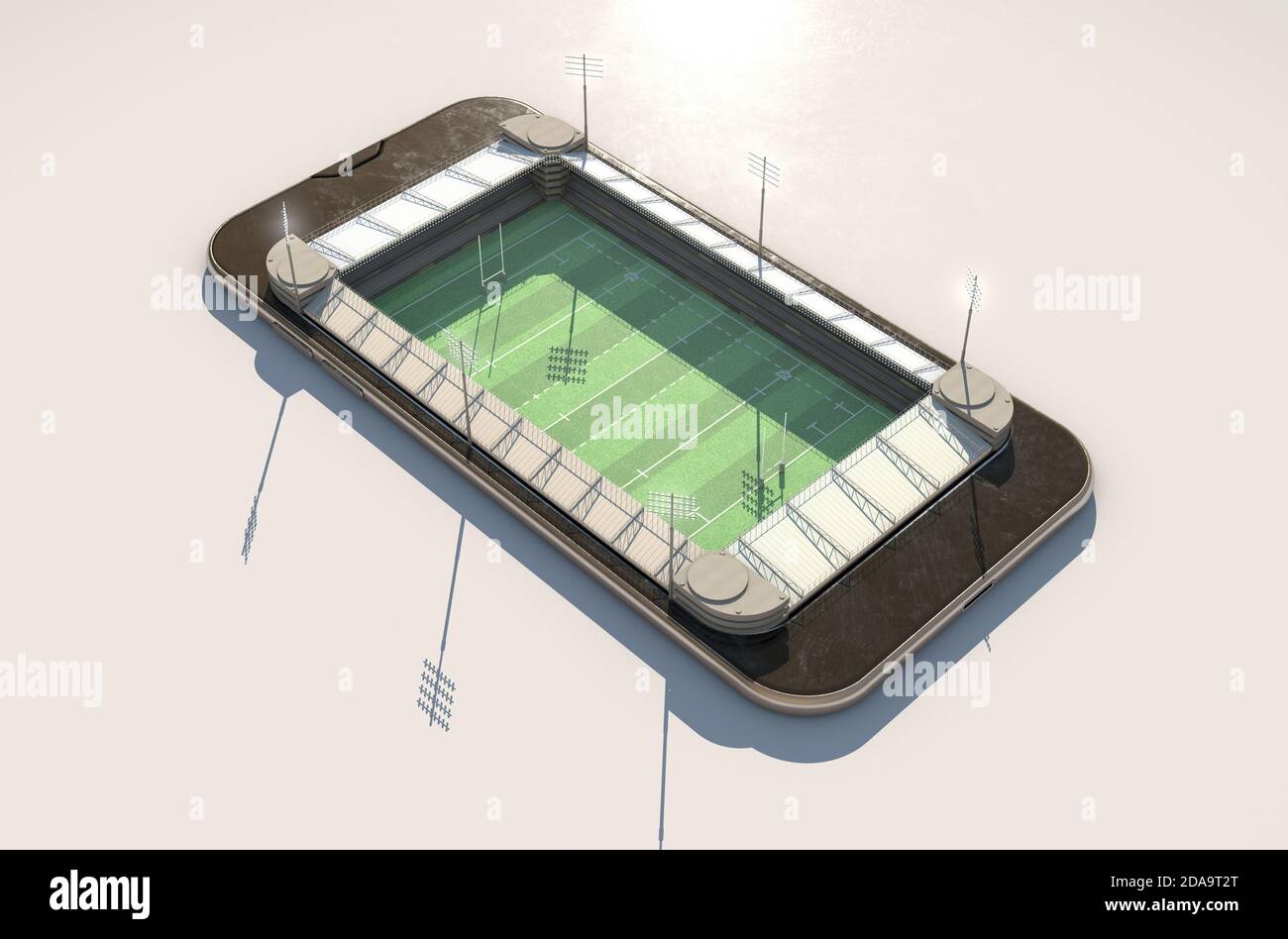 A digital to physical concept showing a smartphone with a floodlit ...