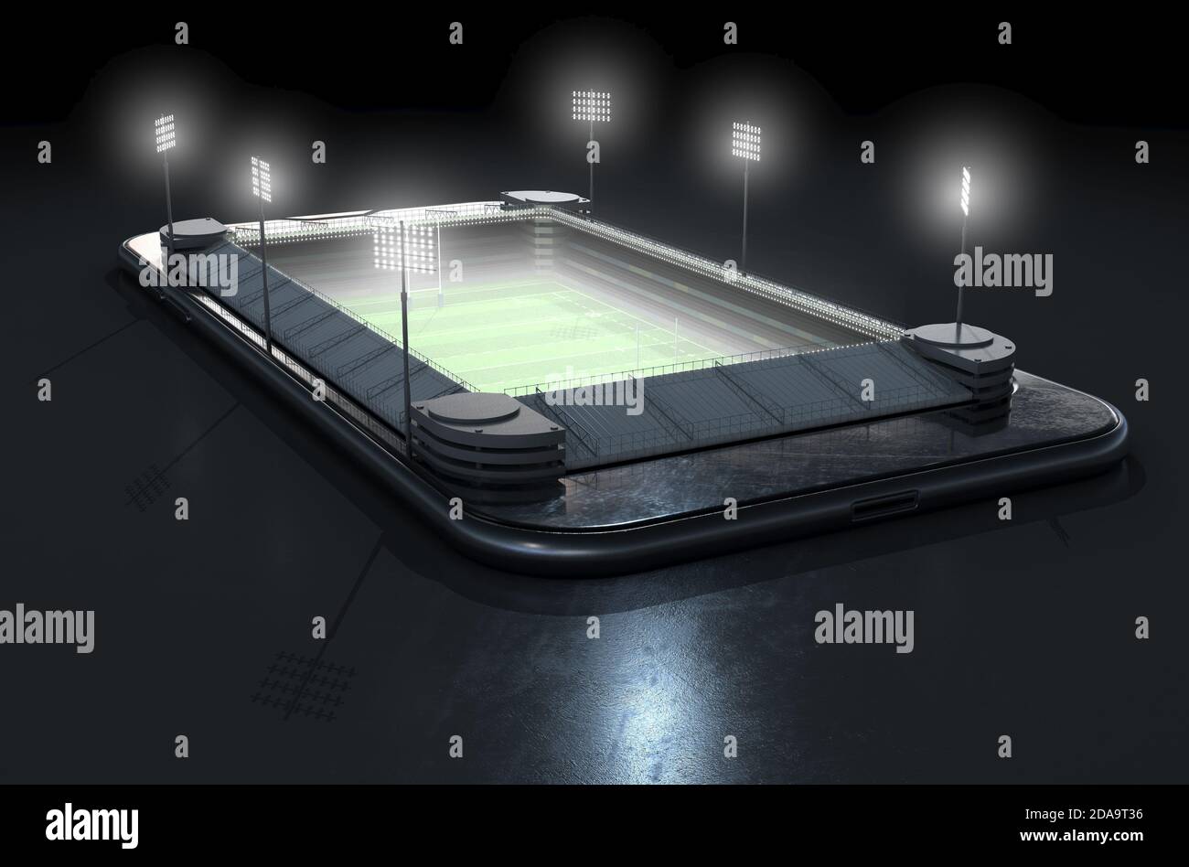 A digital to physical concept showing a smartphone with a floodlit ...