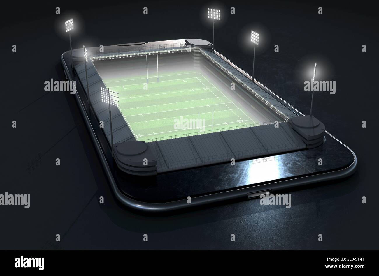 A digital to physical concept showing a smartphone with a floodlit ...