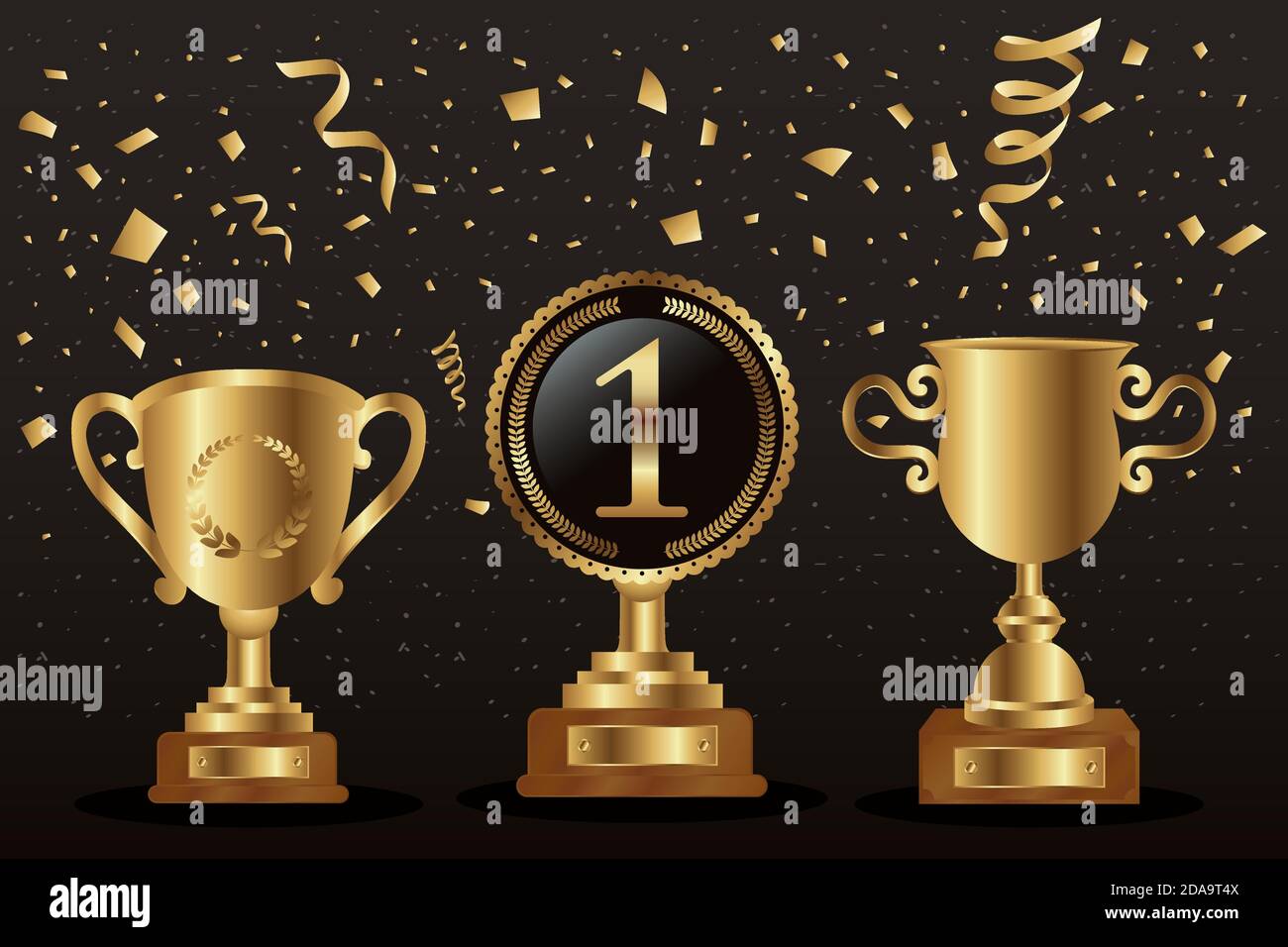 winner three trophies golden with confetti vector illustration design ...