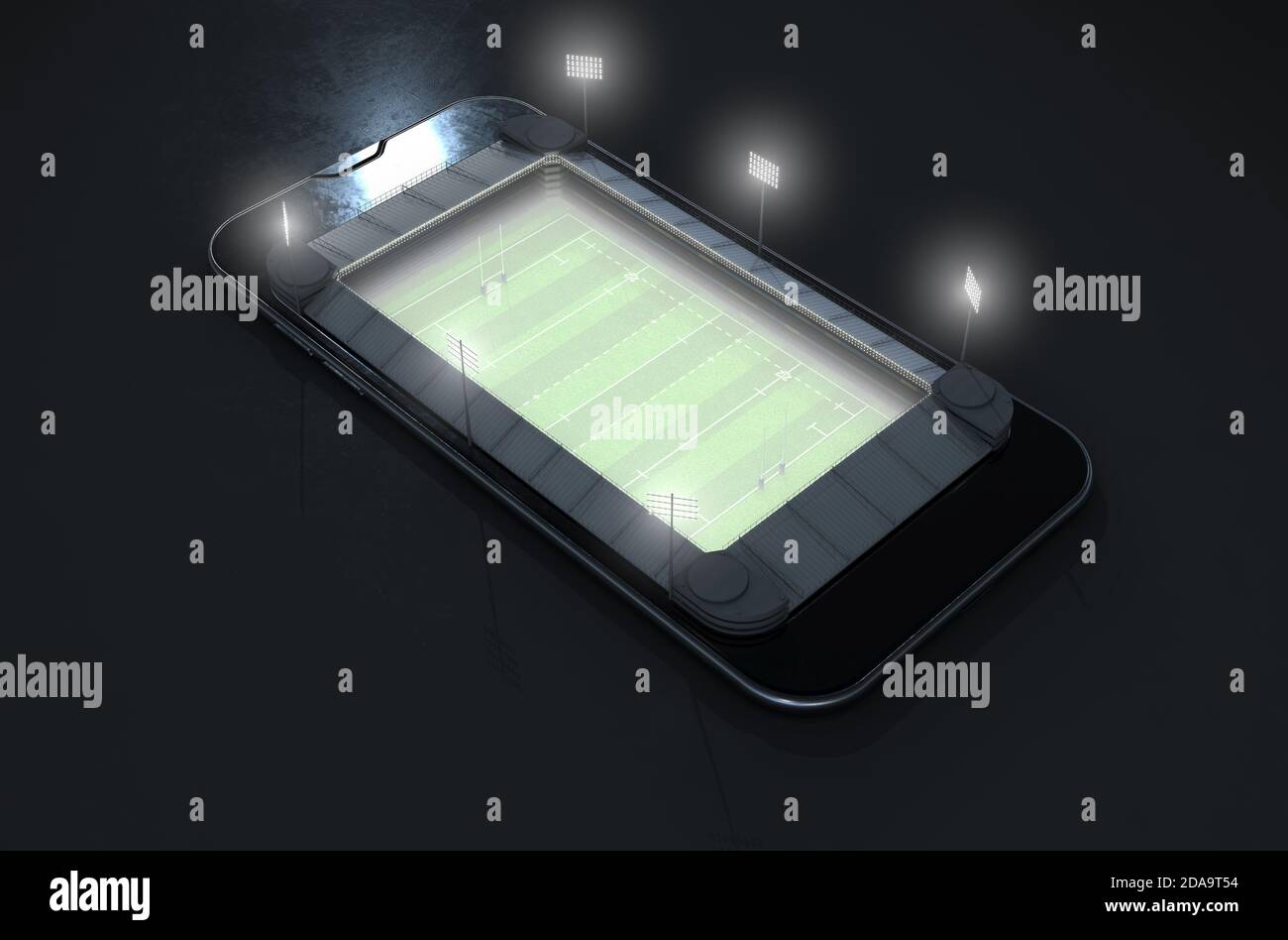 A digital to physical concept showing a smartphone with a floodlit ...