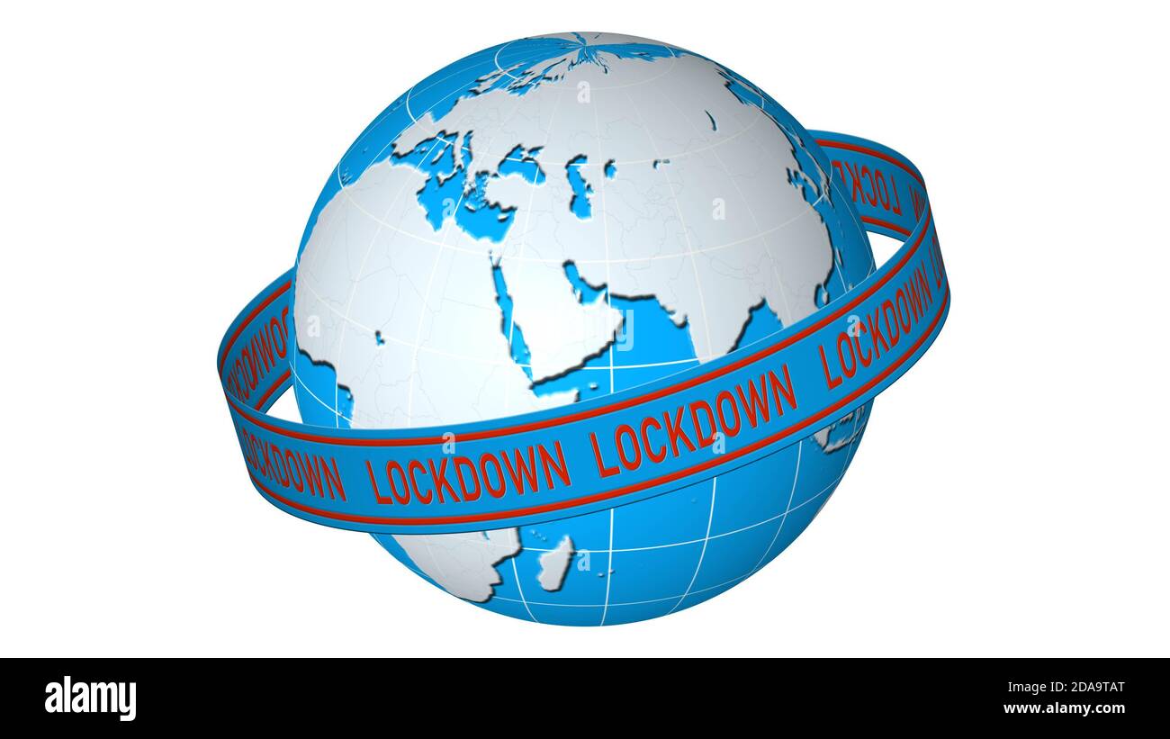 LOCKDOWN banner - lettering on a ribbon around the earth globe ...