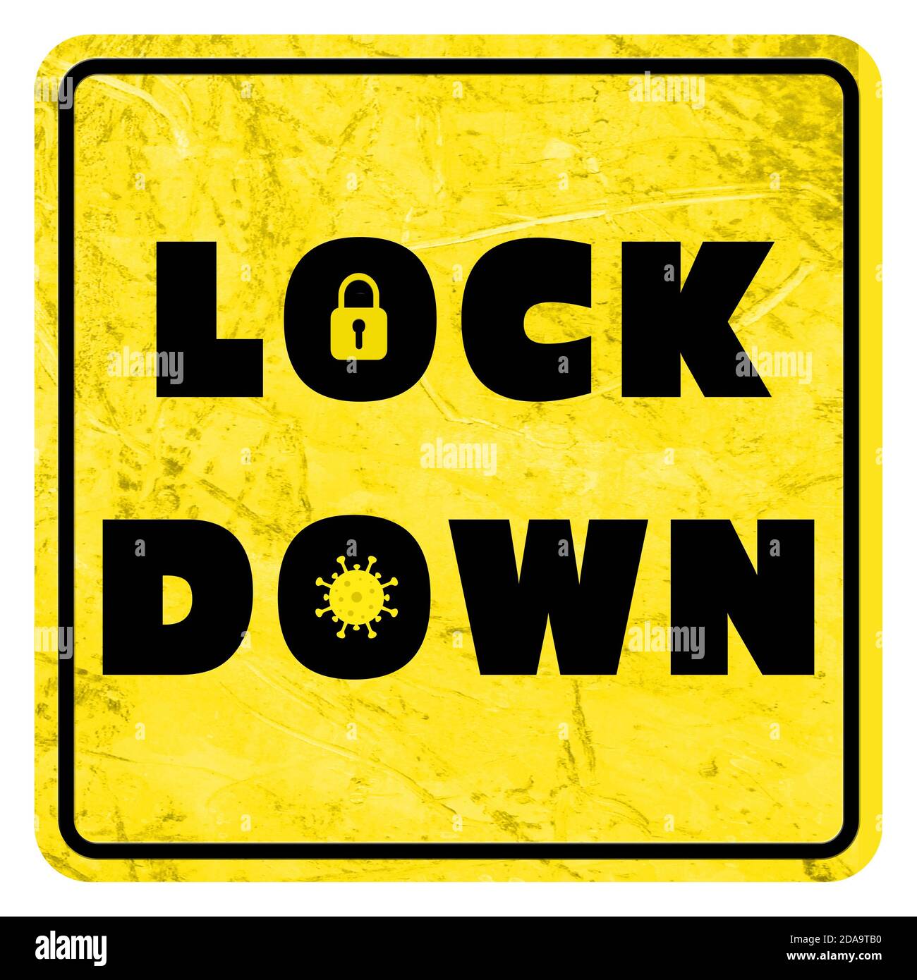 LOCK DOWN - black lettering with closed padlock and virus symbol on ...