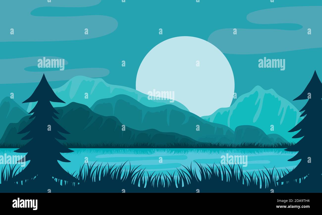 beautiful landscape blue color scene with lake and sun vector ...