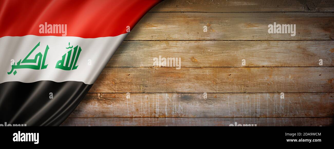 Iraq flag on vintage wood wall. Horizontal panoramic banner Stock Photo ...