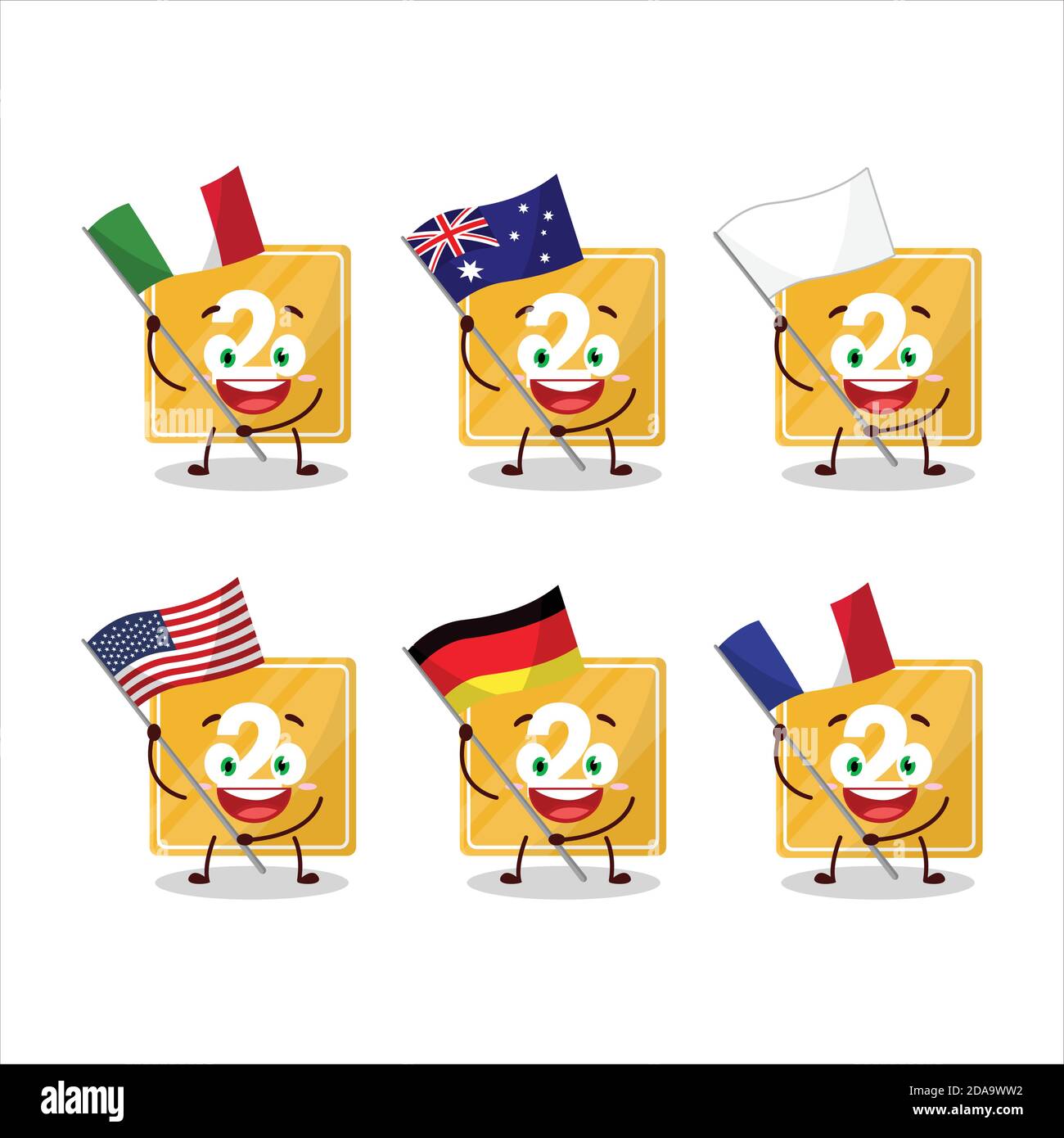 Toys Block Two Cartoon Character Bring The Flags Of Various Countries