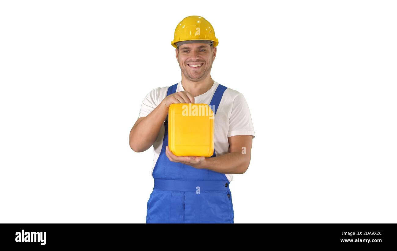Construction worker advertising construction material in canister on ...