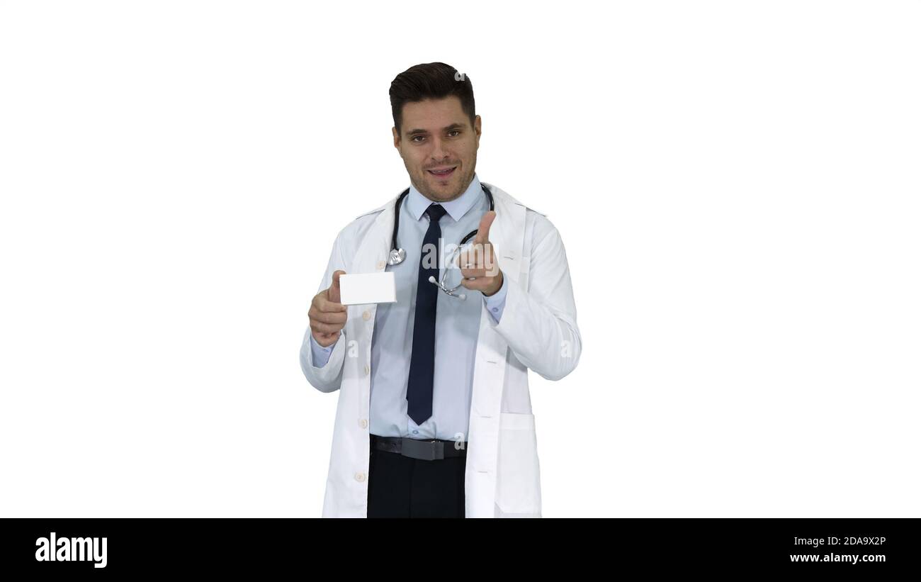Doctor talking to camera presenting new medicine on white background ...