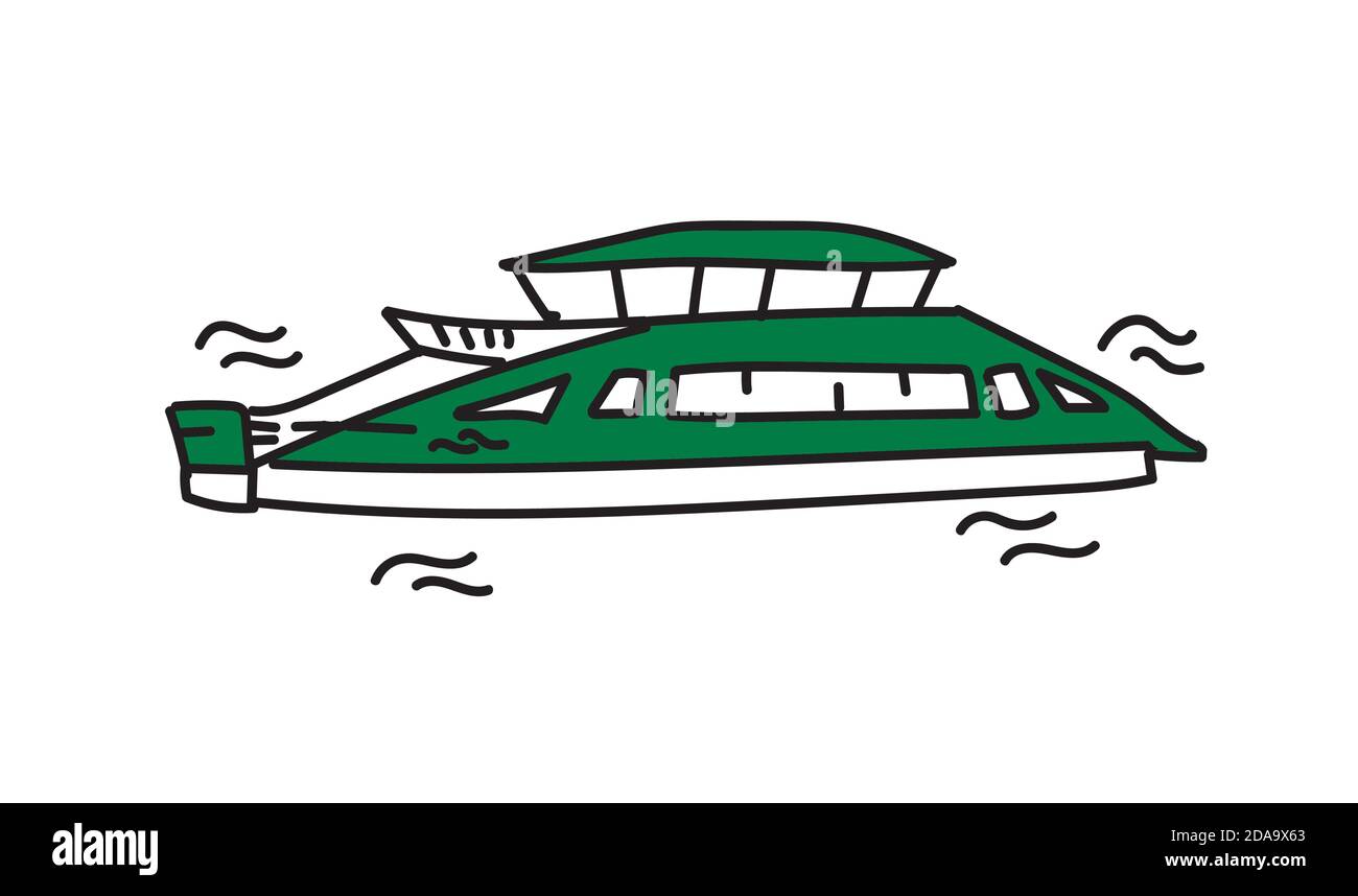 Hand drawn boat in doodle style. Black stroke and green elements ...