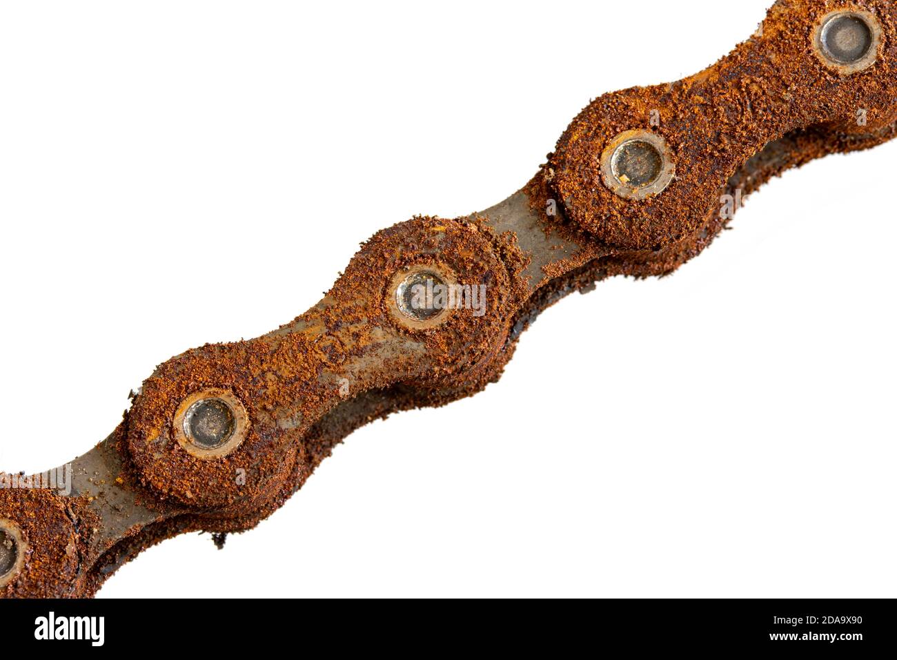 The rusty chain close up, isolated on white background. A rusty bicycle ...