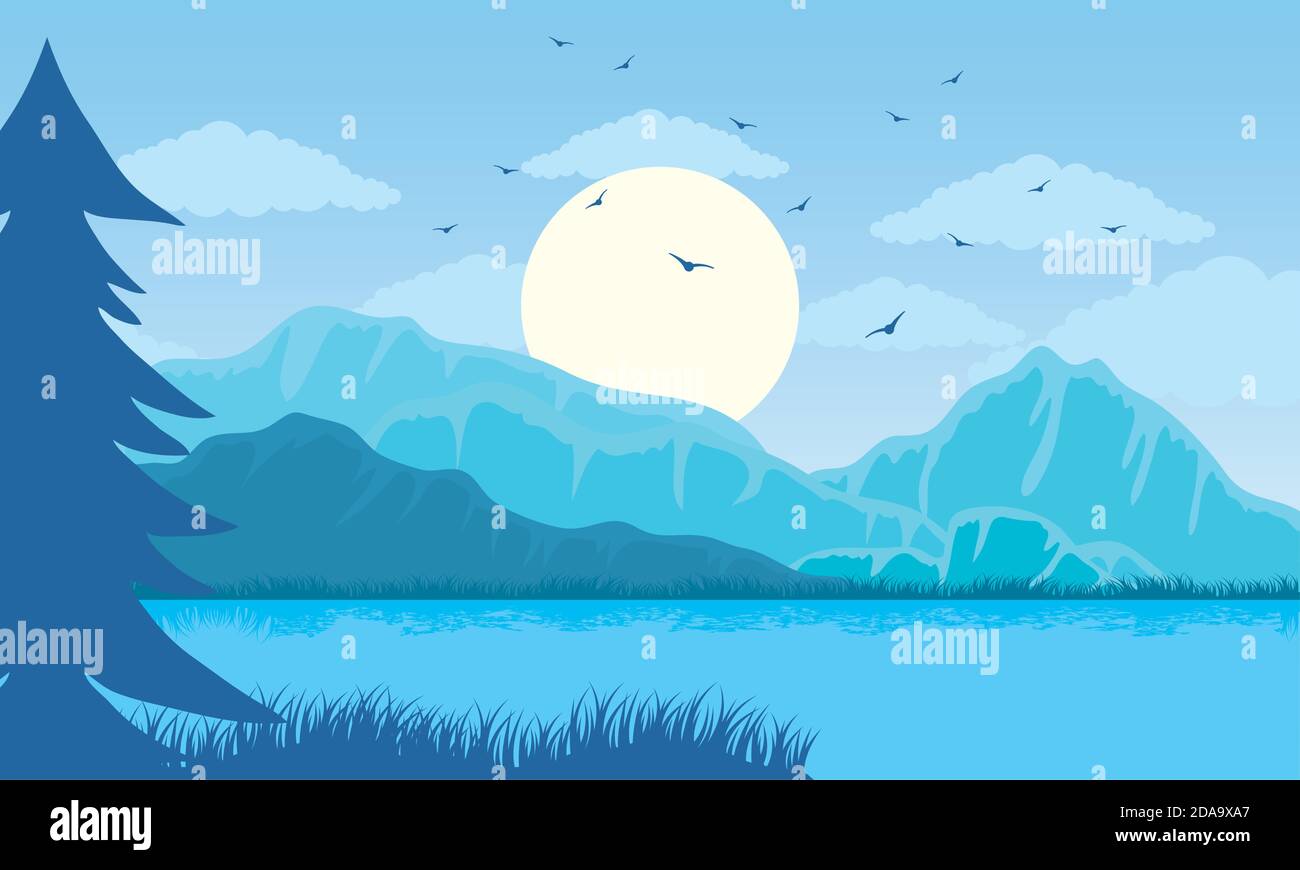 beautiful landscape blue color scene with lake vector illustration ...