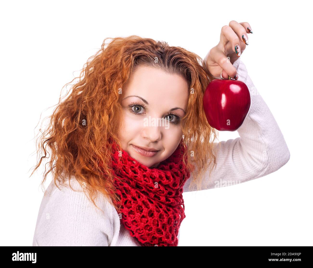 Red-haired girl with apple isolated on white Stock Photo - Alamy