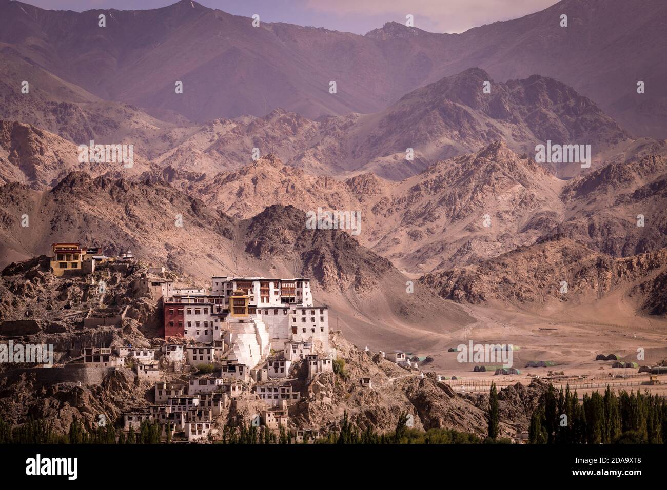 View of a monastery on a hilltop in the Ladakh region of northern India ...