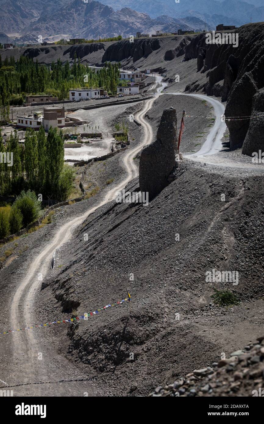 A view of winding rural roads across the hills of Ladakh, unpaved roads ...