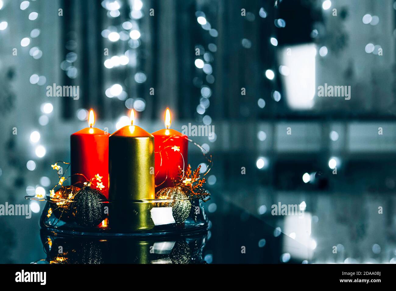 Candles And Fairy Lights Reflected In A Mirror Stock Photo Alamy ...