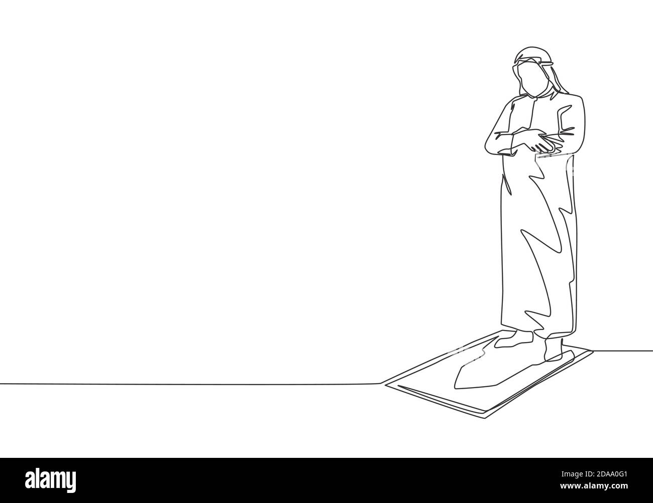 One single line drawing of young muslim person pray salat on sajadah in ...