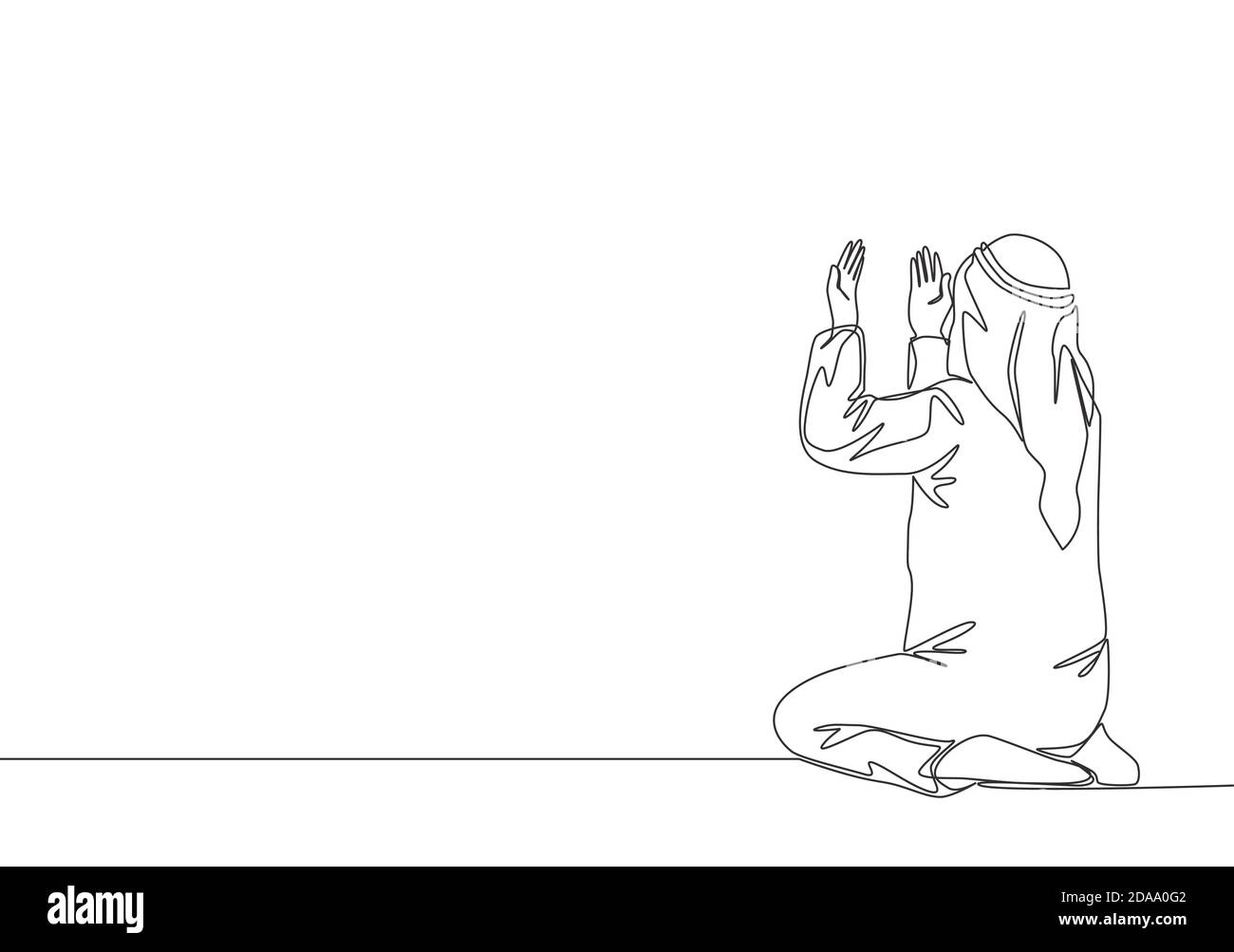 Single continuous line drawing of muslim person raise and open hands ...