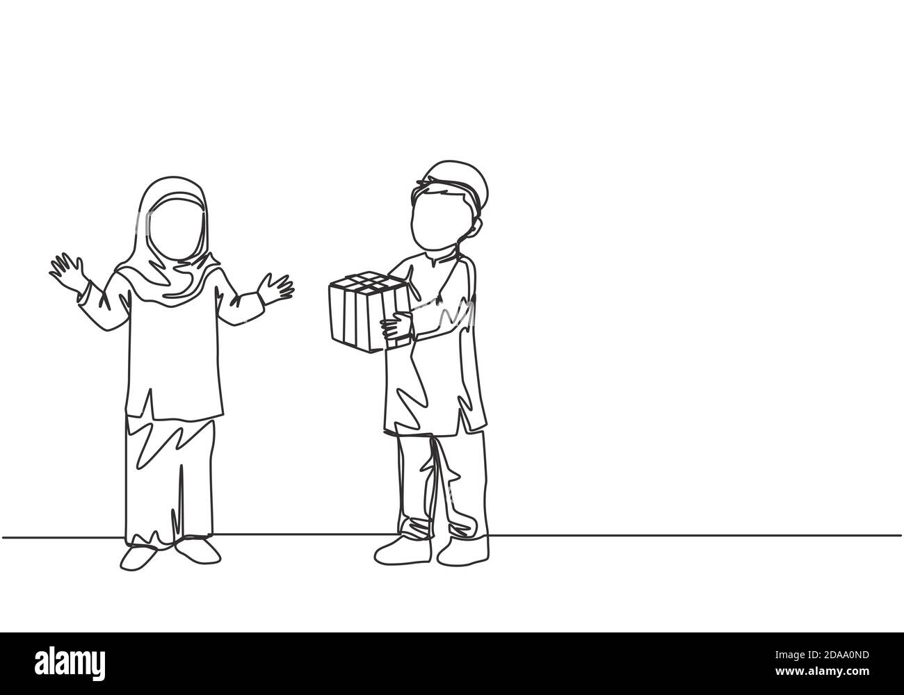 Single continuous line drawing of young muslim boy giving a present ...