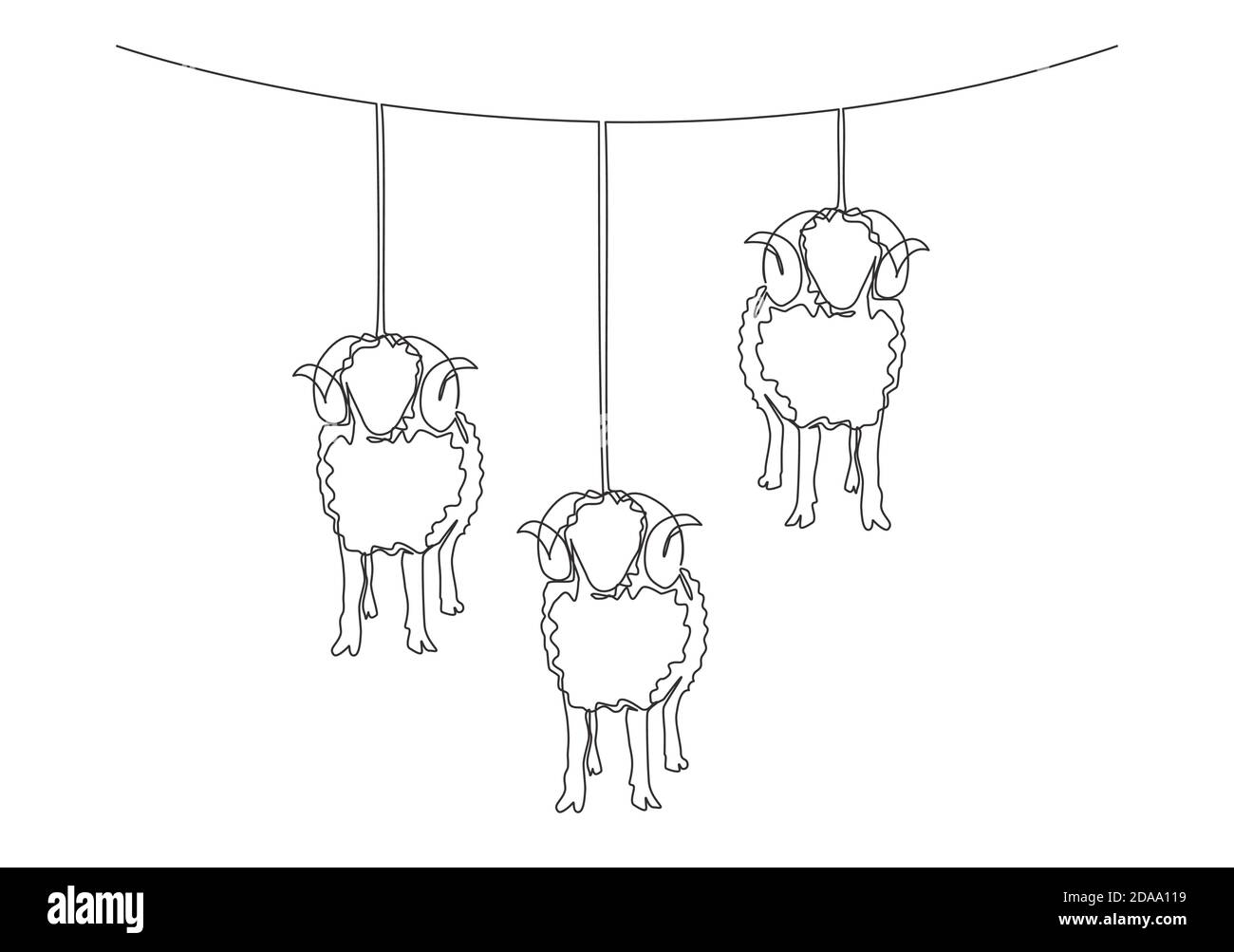 One continuous line drawing of sheeps hanging on rope like the lantern ...