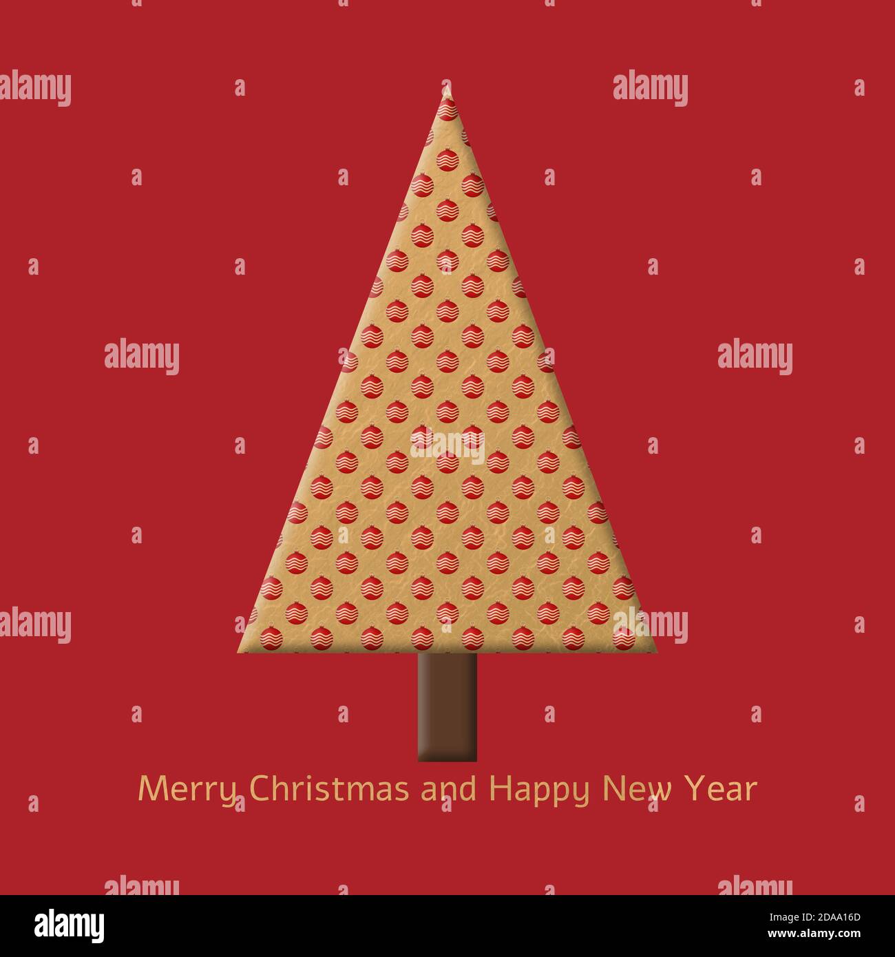 3d gold triangle shape Christmas tree with baubles against a red ...