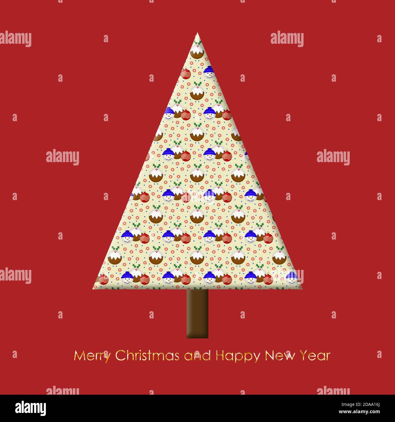 3d triangle shape Christmas tree with decorations against a red ...