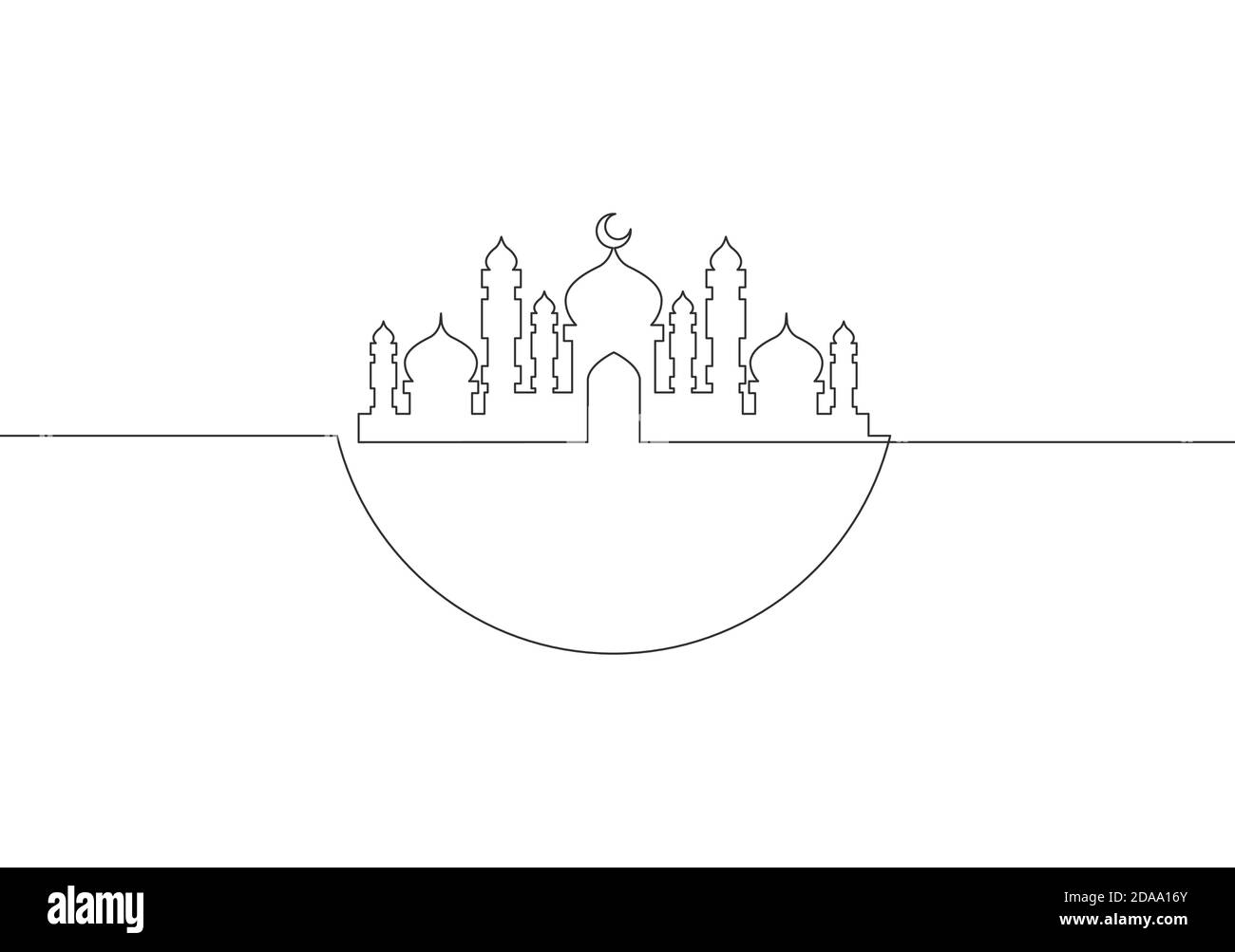 One single line drawing of masjid ornament with half round circle ...