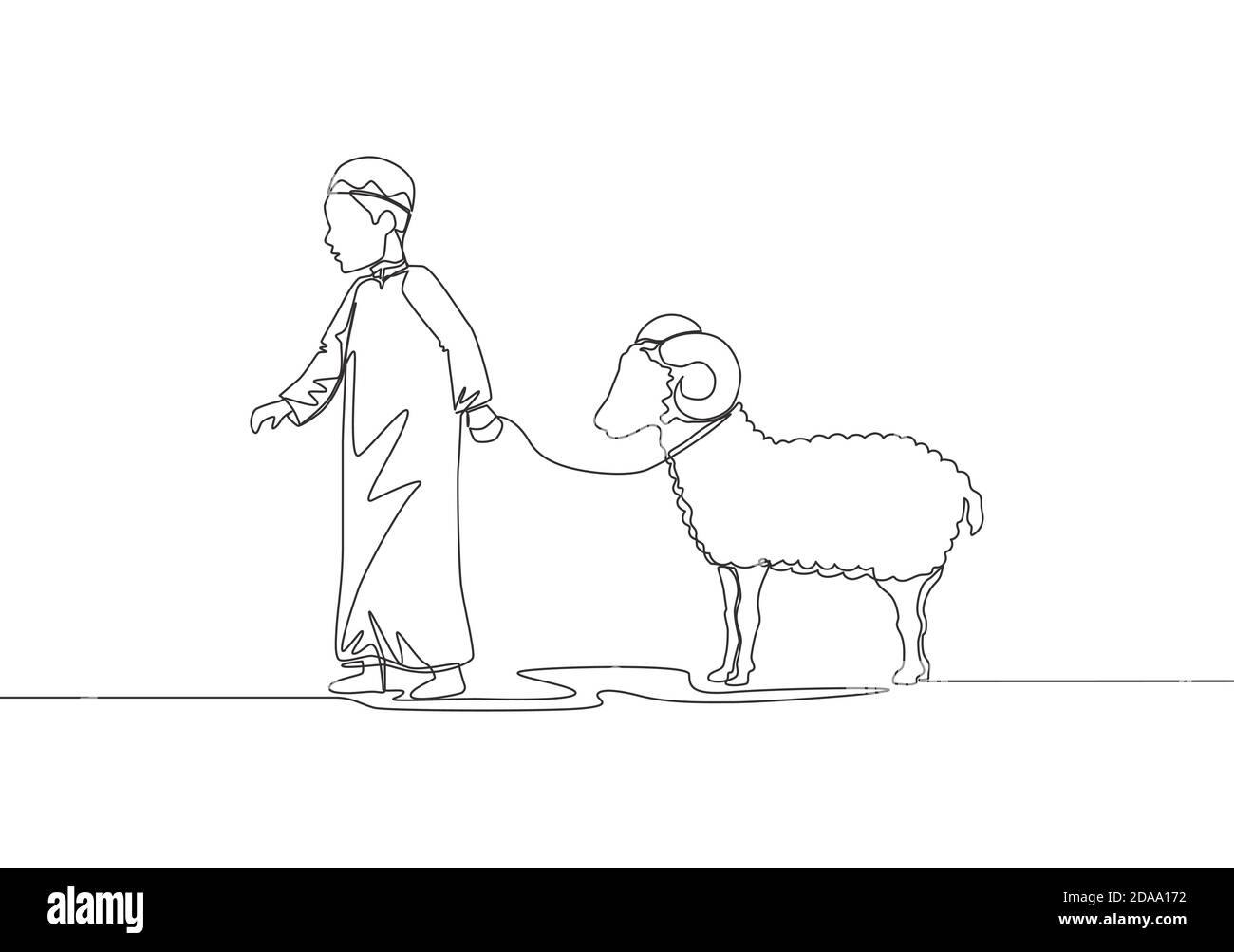 One single line drawing of young muslim boy holding sheep to masjid ...