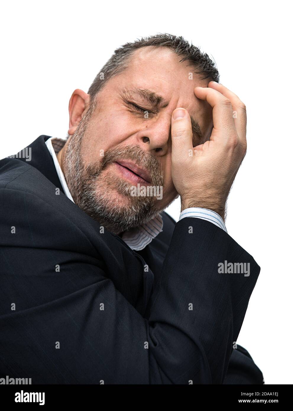 Headache. Portrait of an middle age man with face closed by hand ...