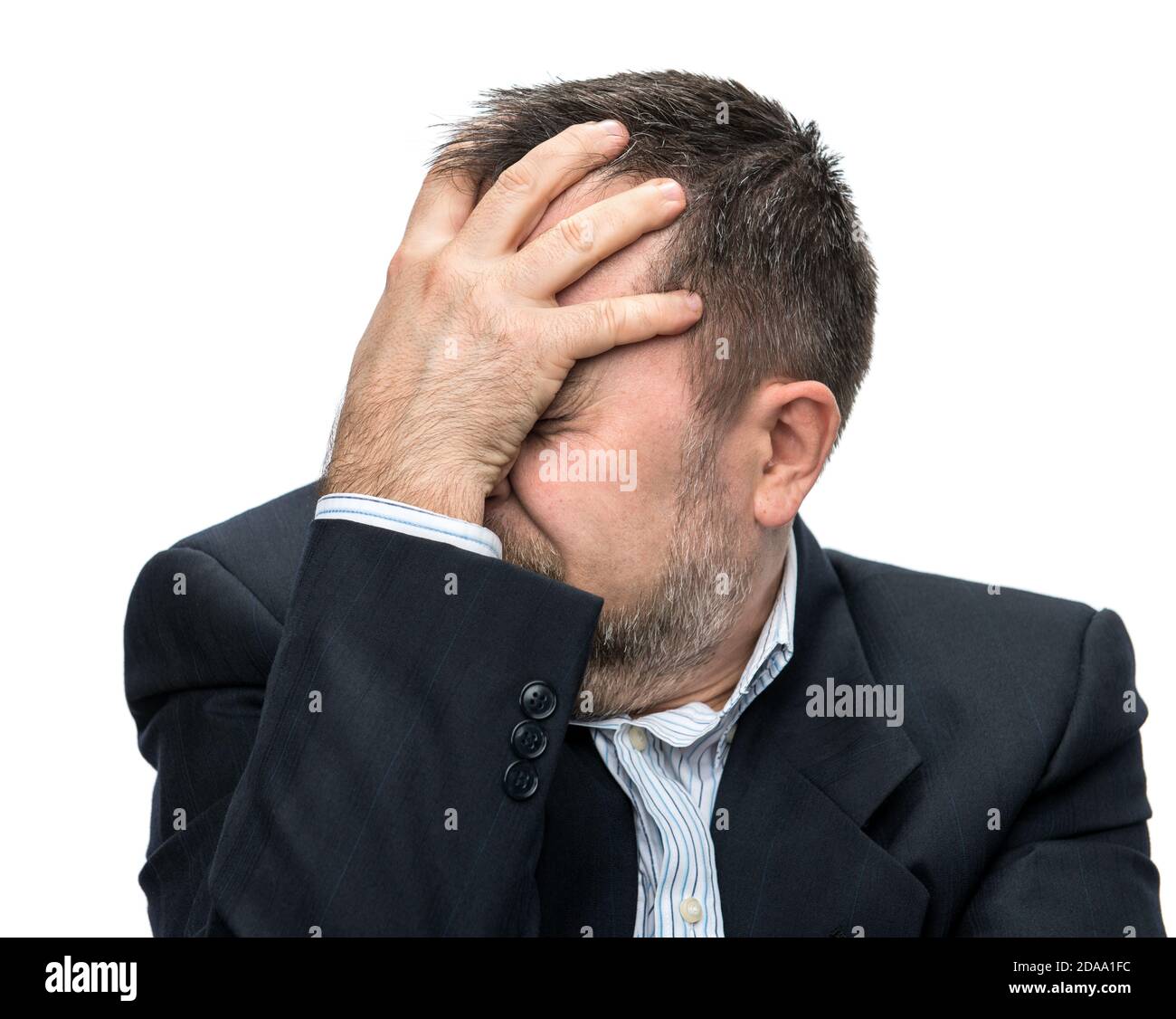 Headache. Portrait of an middle age man with face closed by hands ...