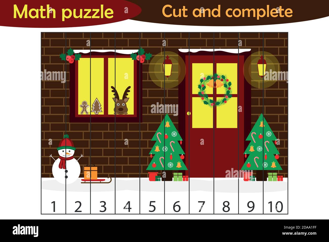 Math puzzle, xmas picture with christmass door cartoon, education game ...