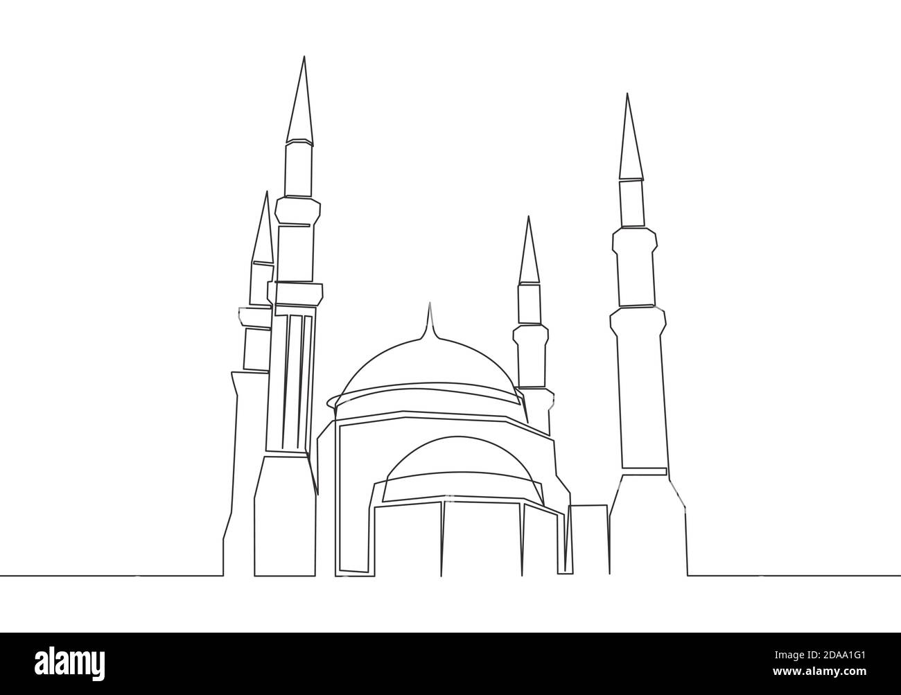 Single continuous line drawing of muslim historical landmark masjid or ...